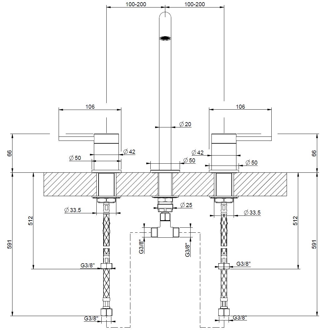 Gessi 54011#239 316 FLESSA gruppo lavabo H.27 cm, tre fori, senza scarico, con flessibili di ...