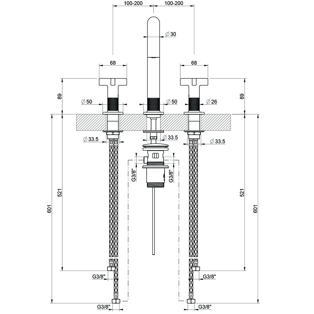 Gessi 58113#707 INCISO+ gruppo lavabo H.24 cm, tre fori, con scarico e flessibili di ...