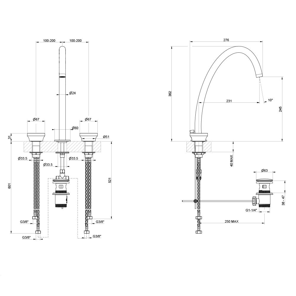 Gessi 66015#149 ORIGINI gruppo lavabo 3 fori, bocca H.36 cm, con ...