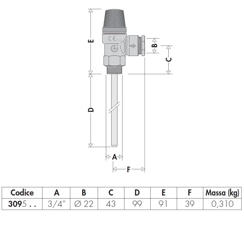 Caleffi 3 bar 3/4” M Valvola di sicurezza combinata temperatura e pressione 3/4” M X Ø 22 3 bar ...