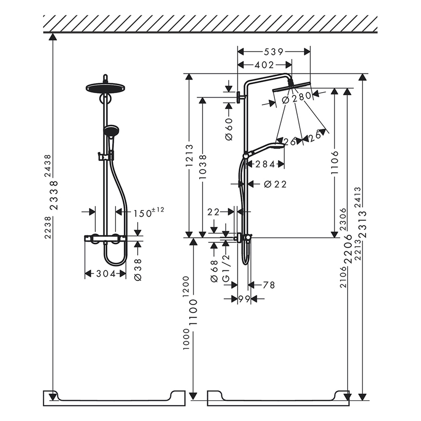 Hansgrohe 26794000 Croma Select S Showerpipe 280 1 Jet Ecosmart 9 L
