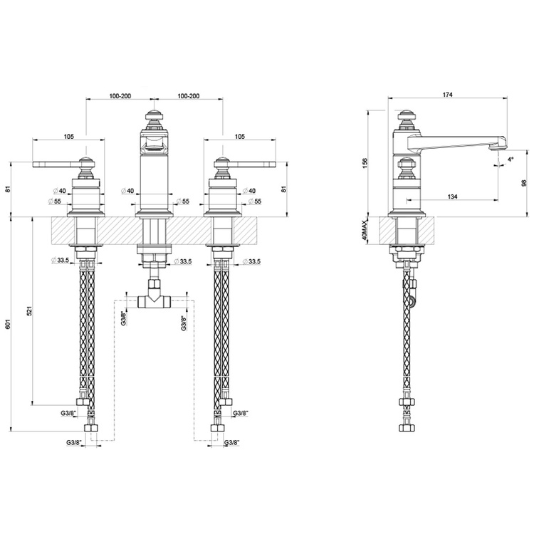 Gessi 65014#031 VENTI20 gruppo lavabo 3 fori H.16 cm, senza scarico, con flessibili di ...