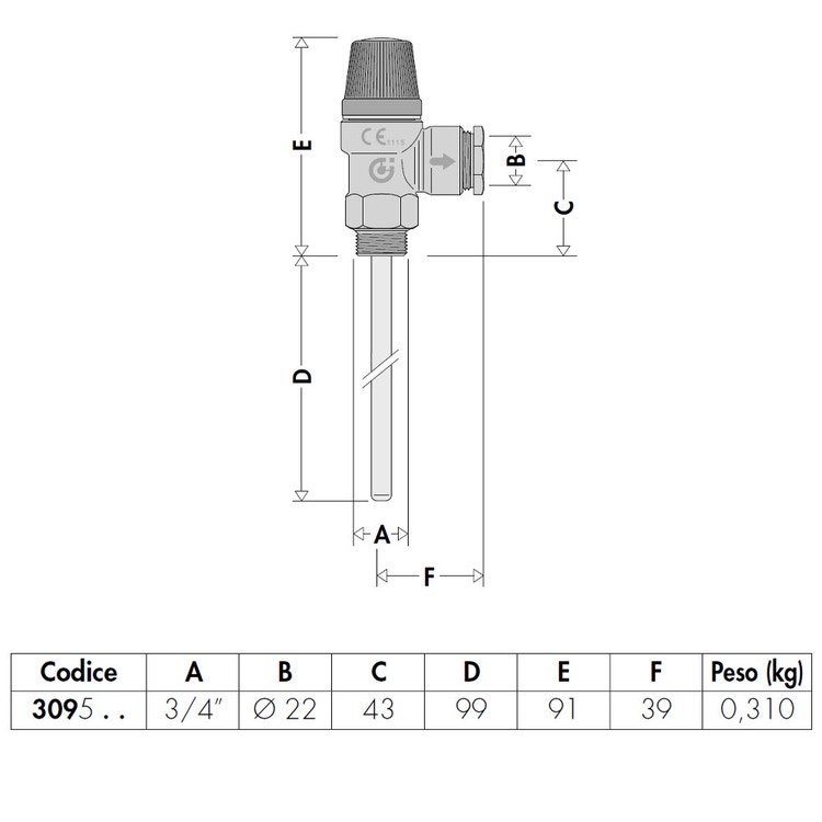 Caleffi 6 bar 3/4” Valvola di sicurezza combinata temperatura e pressione per impianti solari 3/ ...