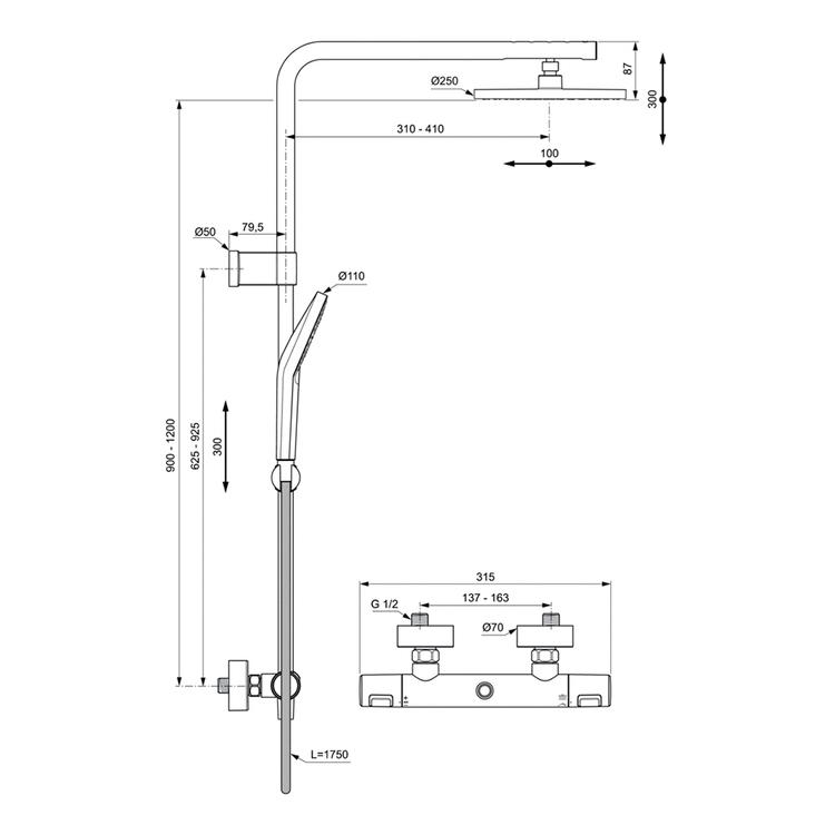 Ideal Standard A7628AA CERATHERM T25 colonna doccia con termostatico esterno, con deviatore ...