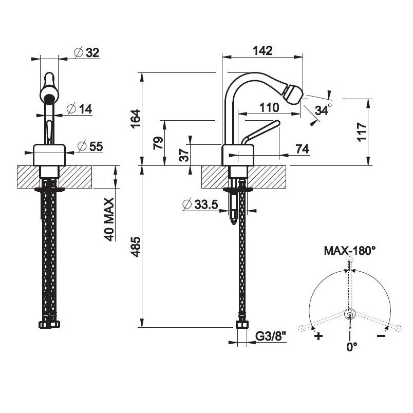 Gessi 33807#125 GOCCIA miscelatore bidet bocca fissa, senza scarico, con flessibili di ...