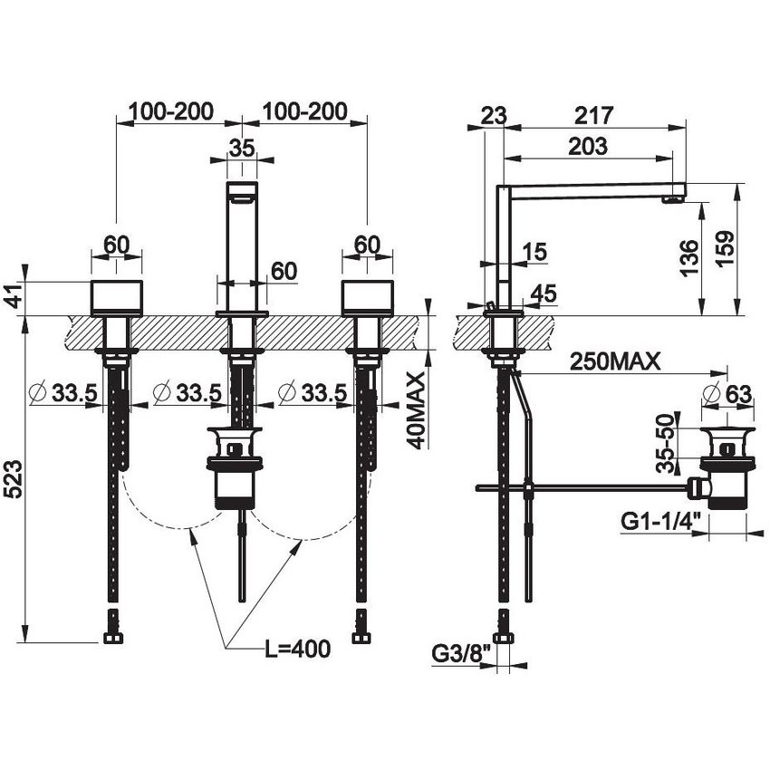 Gessi 20403#031 RETTANGOLO T gruppo lavabo tre fori con bocca altezza 158 mm piletta da 1 1/4" e ...