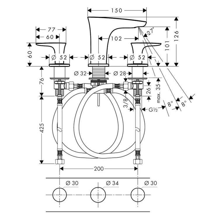 Hansgrohe 15073000 PURAVIDA rubinetteria 3 fori lavabo 100 basso con ...